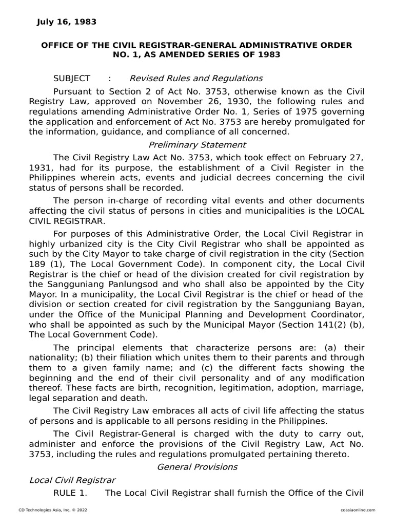 A.O No. 1. Series of 1983 | PDF | Birth Certificate | Politics