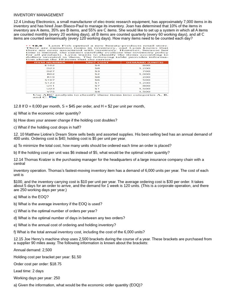 Inventory Management Sample Problems | PDF
