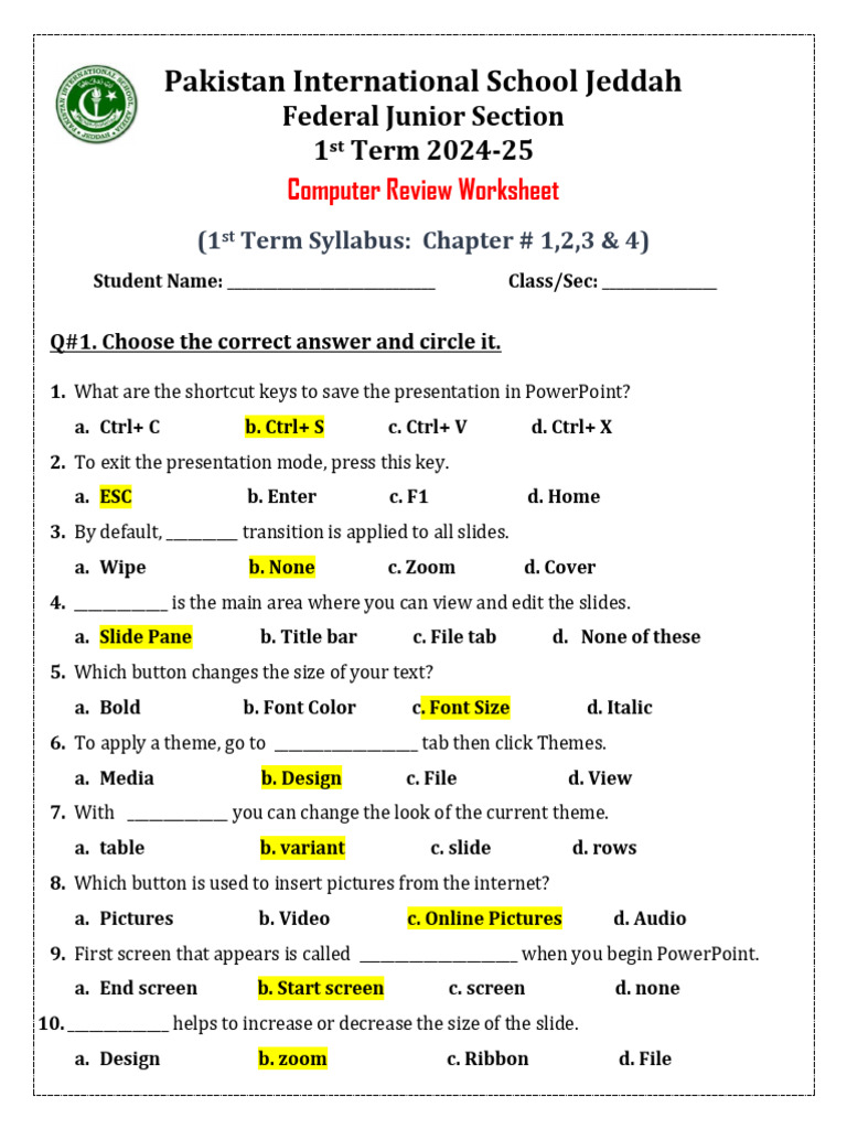 Grade 3, Answer Key Computer Review Worksheet | PDF