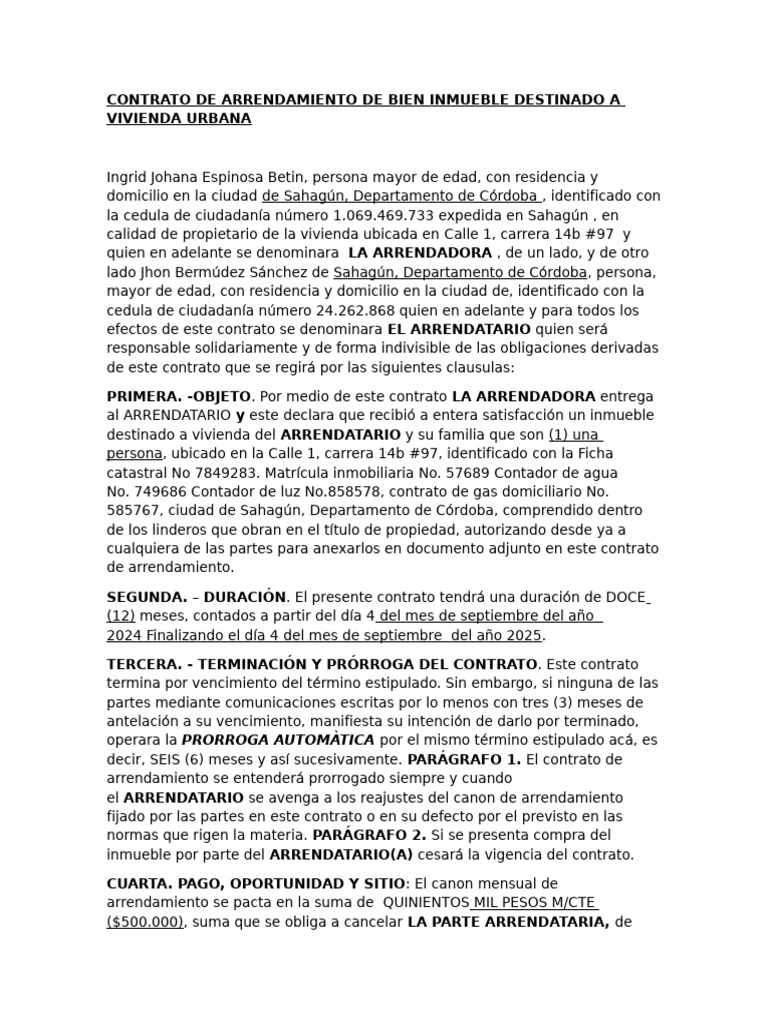 Contrato de Arrendamiento de Bien Inmueble Destinado A Vivienda Urbana | PDF
