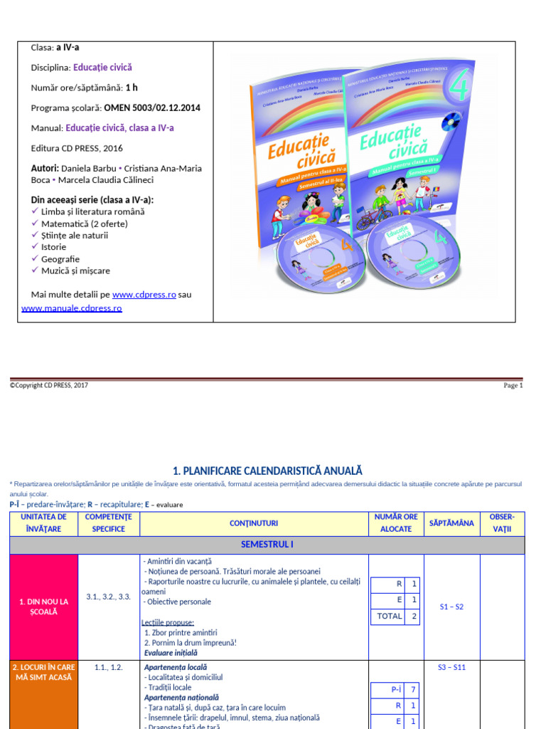 EDUCATIE CIVICA IV Planificare Proiectare | PDF