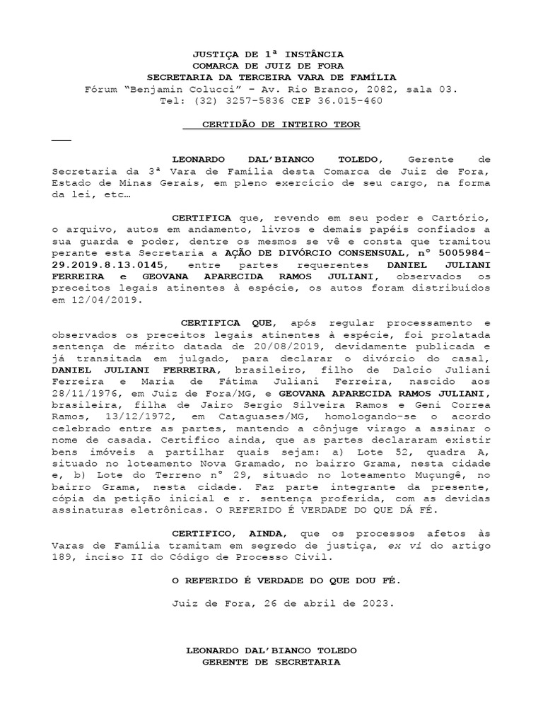 5005984-29.2019.8.13.0145 Certidão Inteiro Teor Divórcio | PDF