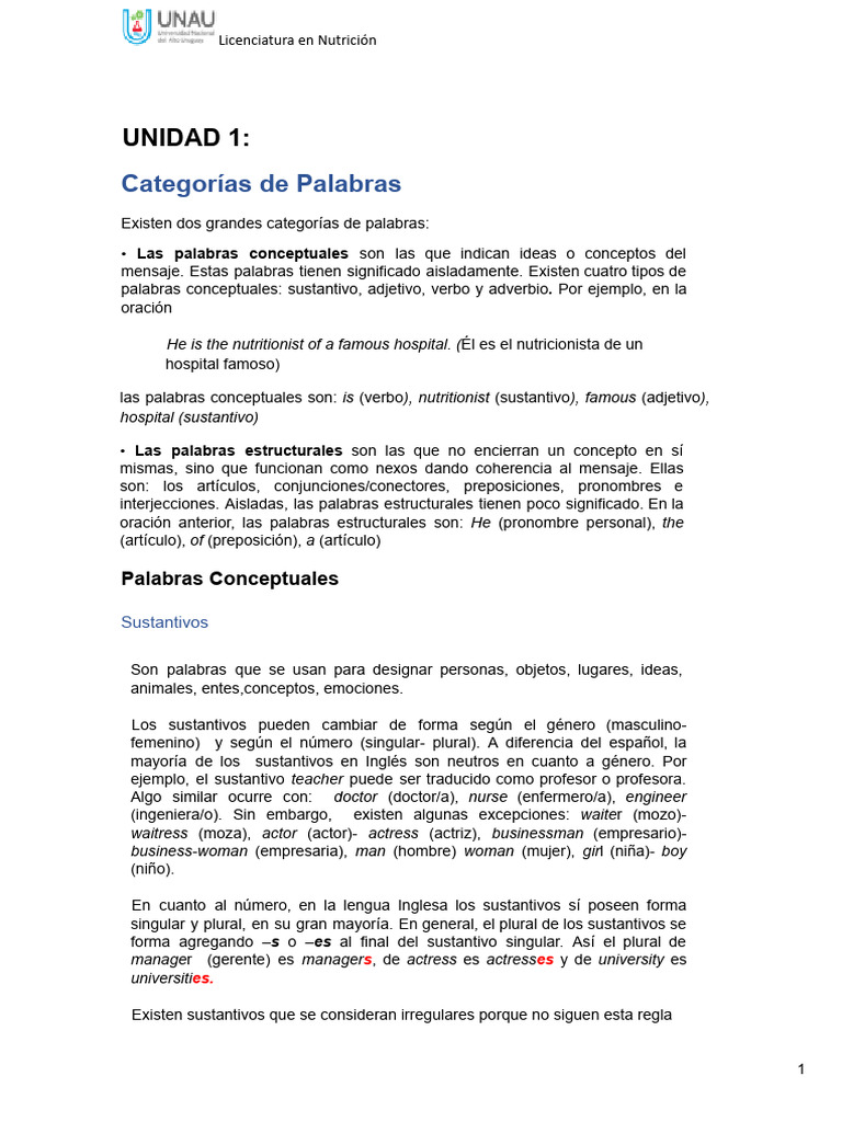 UNIT 1 Theory INGLÉS I LIC - NUTRI | PDF