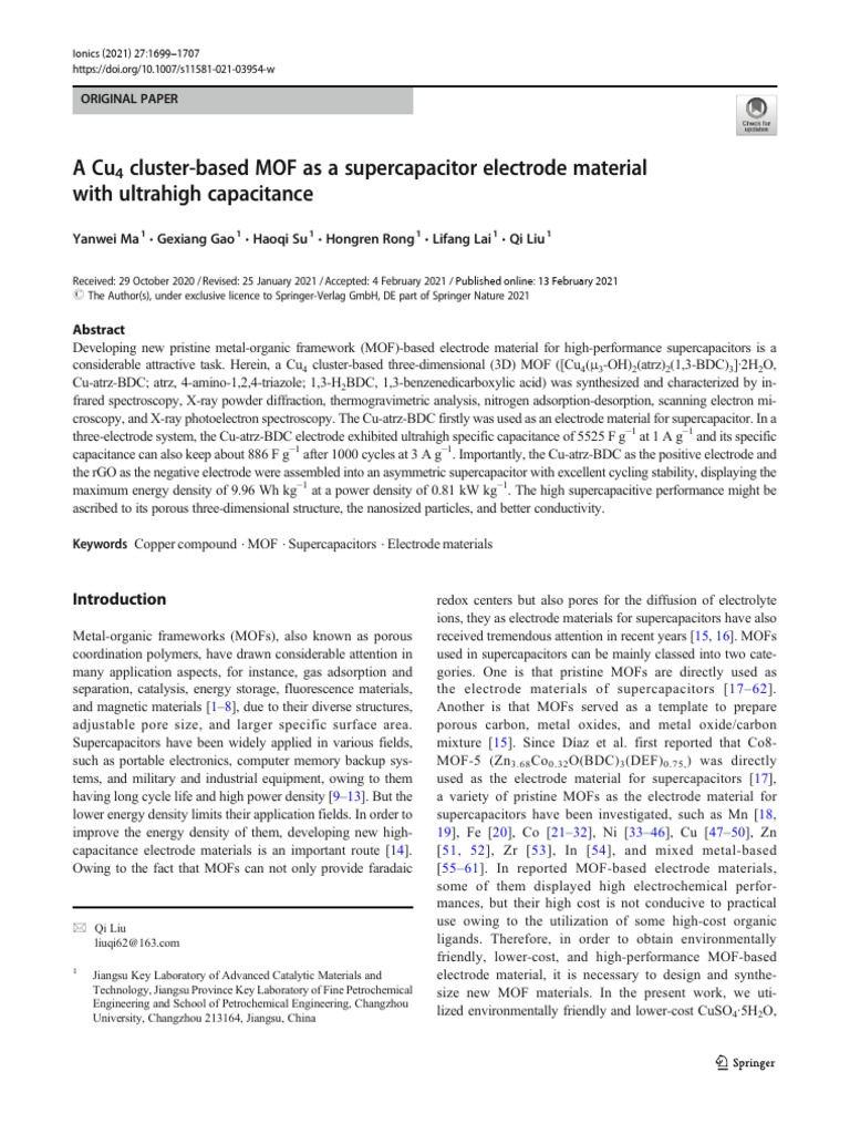 Acu Cluster-Based Mof As A Supercapacitor Electrode Material With ...