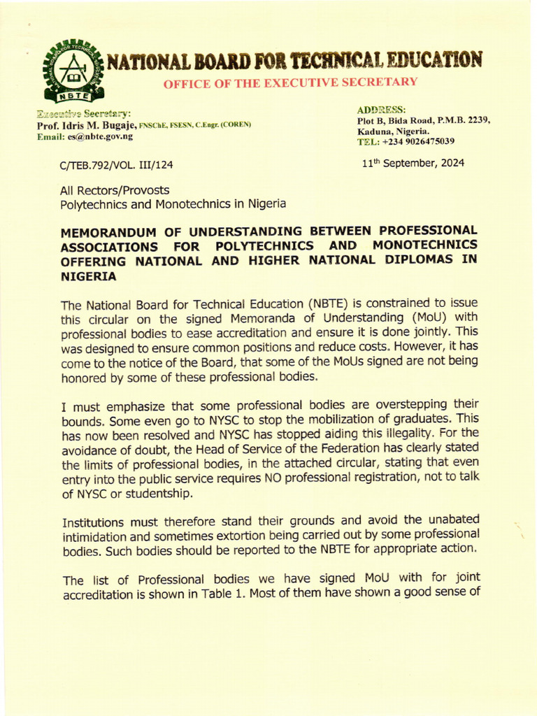 Letter To All Rectors Polytechnics and Monotechnics On Mou Between ...