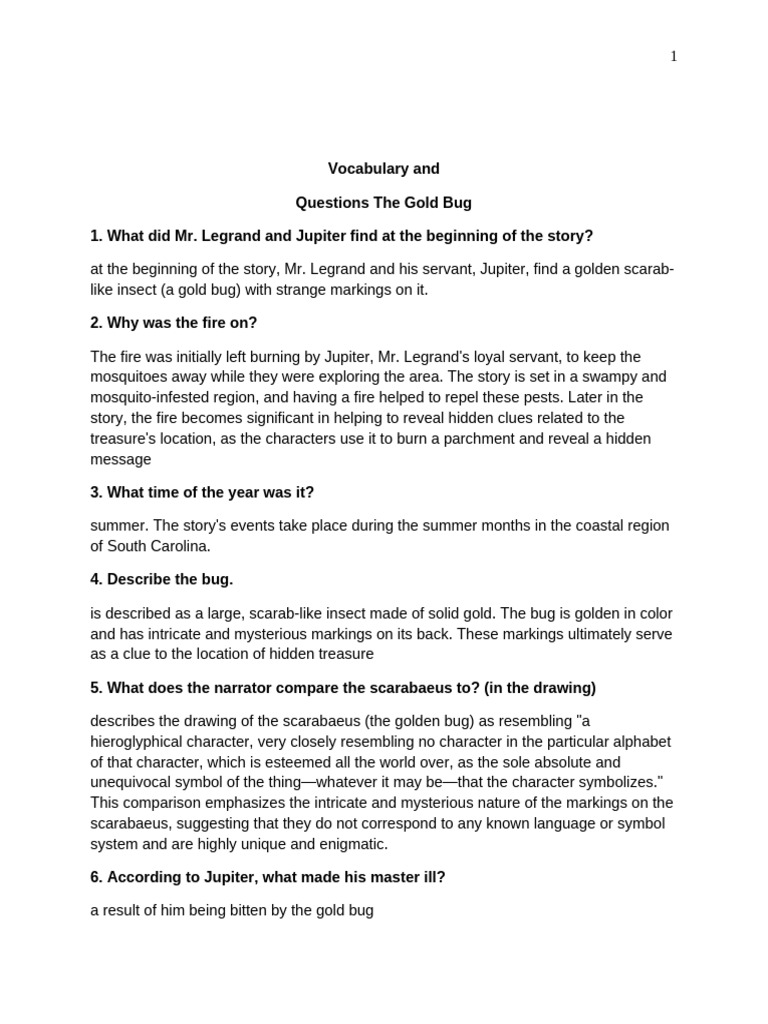 Vocabulary and Questions The Gold Bug | PDF