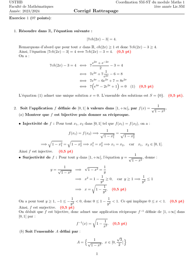 SM-Math1-2023-2024-ER (Corrigé) | PDF