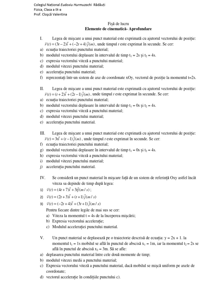 0 Fisa de Lucru Cinematica Punctului Material | PDF