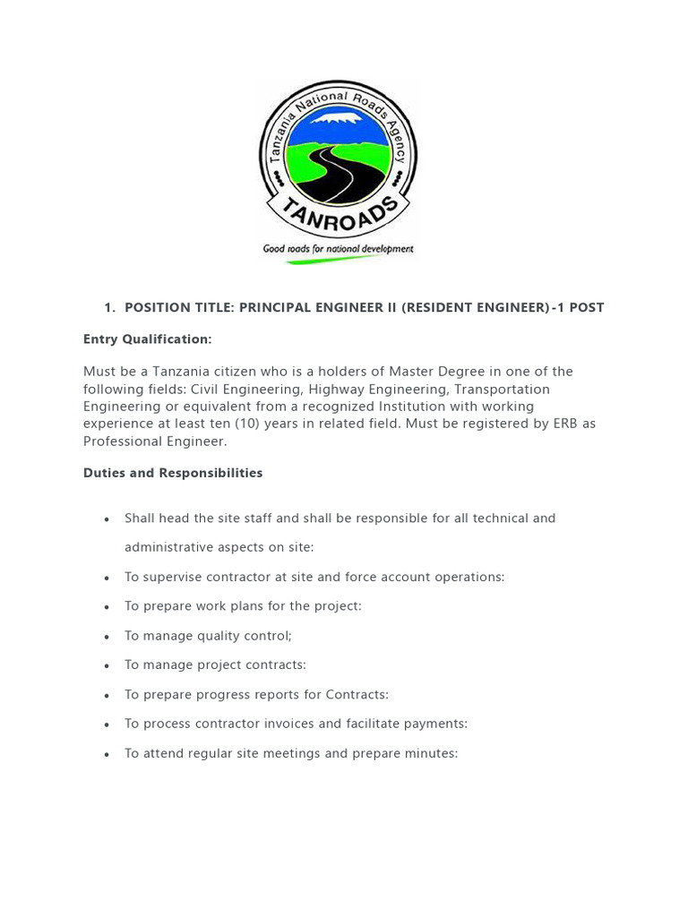 Tanroads Sep Vacancies | PDF