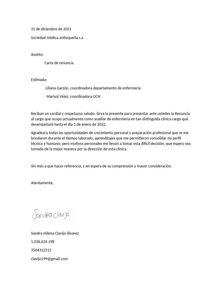 Carta Renuncia Sandra Clavijo UCN | PDF