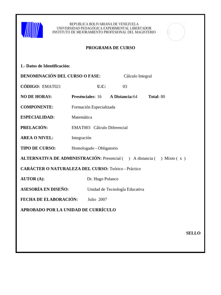 Programa de CALCULO INTEGRAL | PDF
