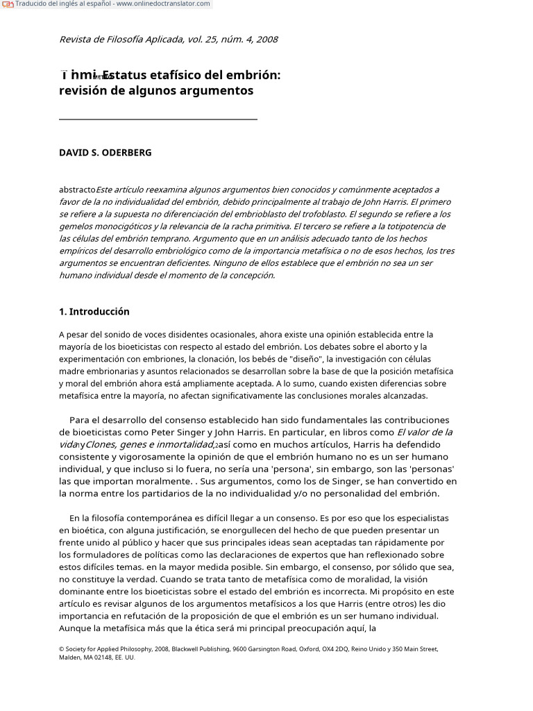 ABORTION David S Oderberg The Metaphysical Status of The Embryo | PDF