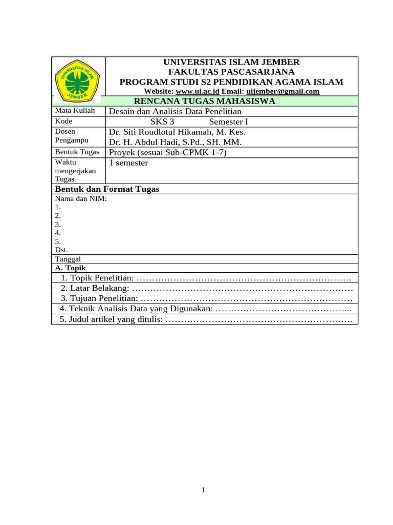 Rencana Tugas Mahasiswa | PDF