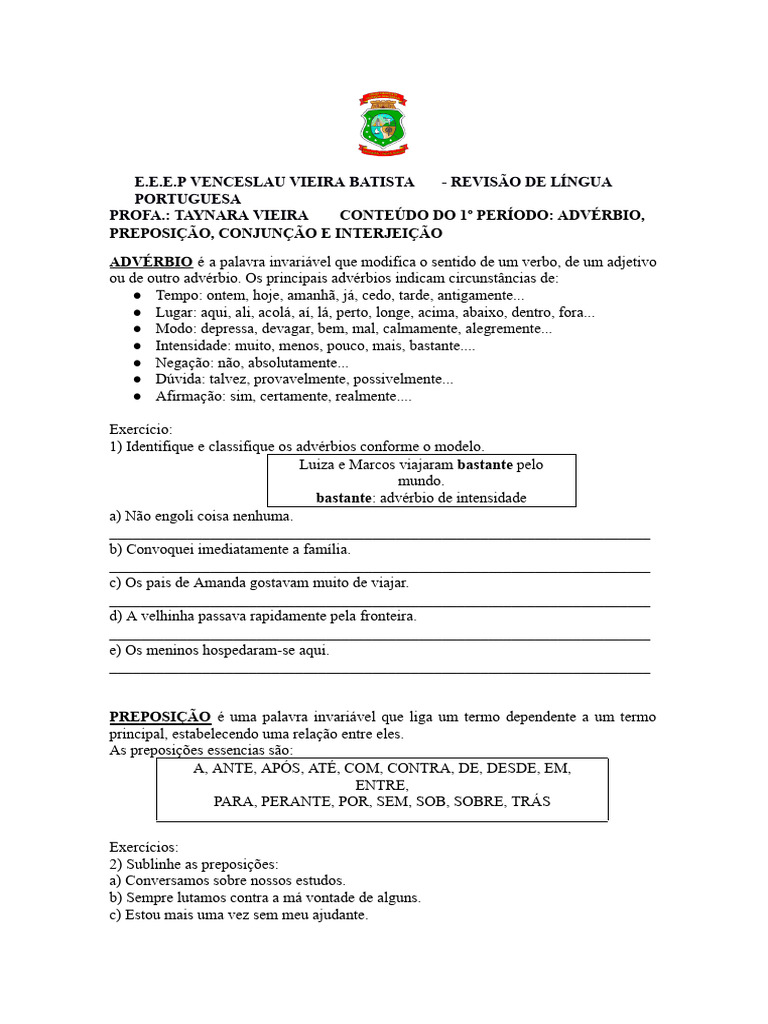 Revisão de Português 3º Ano D Classes Invariáveis | PDF