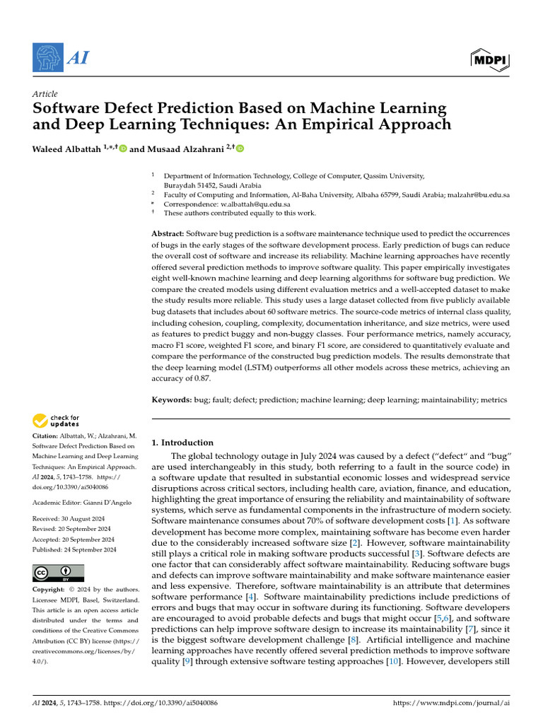 Software Defect Prediction Based On Machine Learning and Deep Learning ...