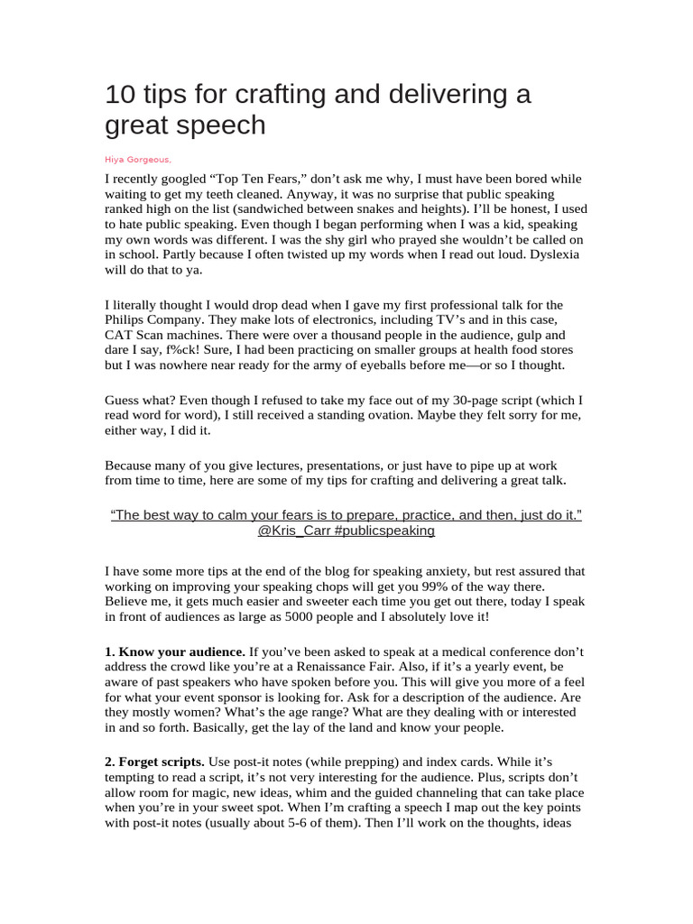 10 Tips For Crafting and Delivering A Great Speech | PDF