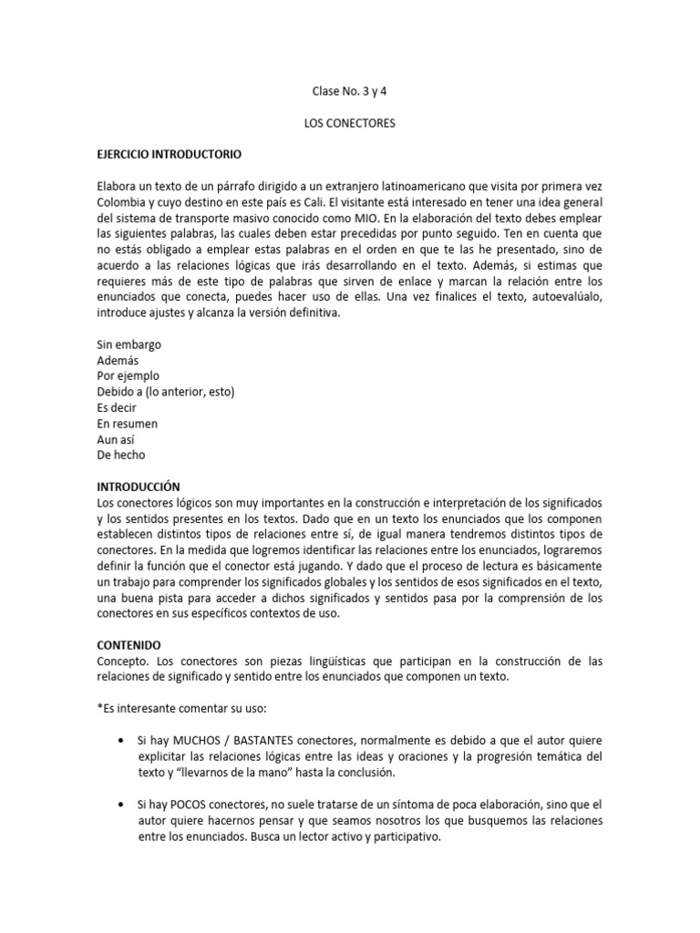 LOS CONECTORES. Explicación y Ejercicio Introductorio | PDF