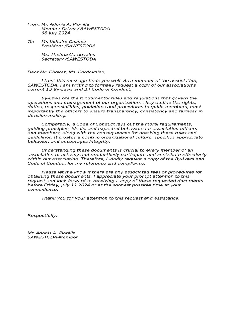 ByLaws and Code of Conduct Request Letter | PDF