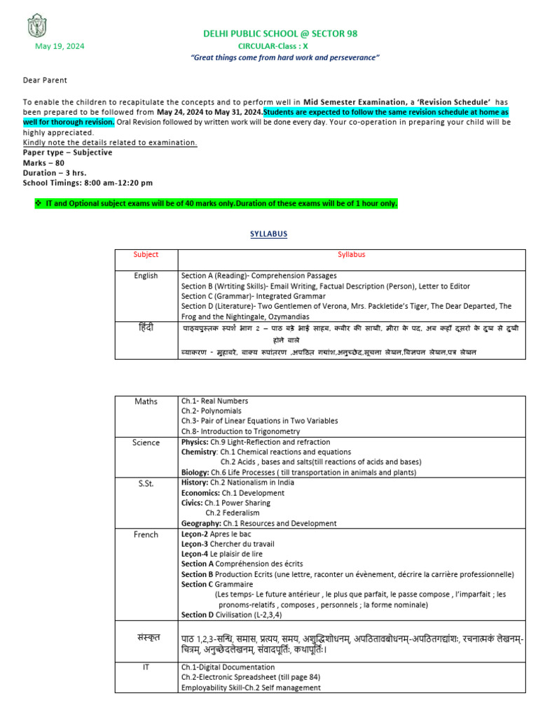 X-Mid Sem Syllabus+Revision Schedule | PDF