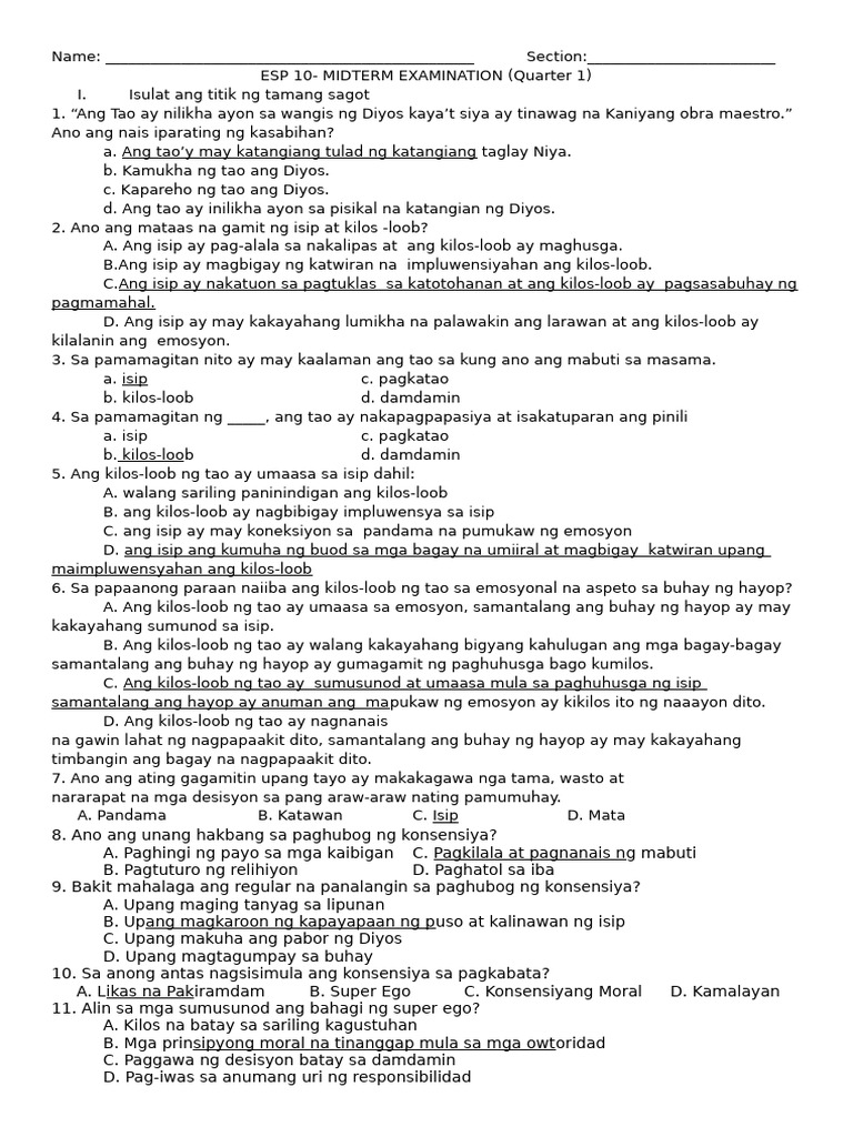 Midterm Esp 10 QTR1 | PDF