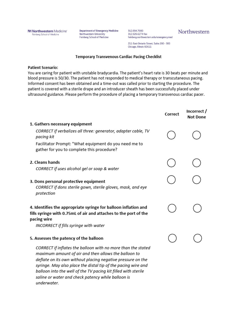 Temporary Transvenous Pacing Checklist | PDF | Artificial Cardiac ...