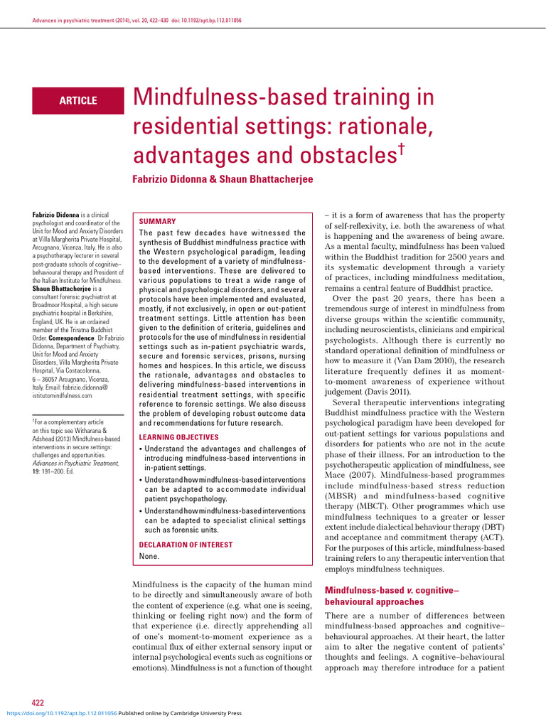 Mindfulness Based Training in Residential Settings Rationale Advantages ... Mindfulness Based Training in Residential Settings Rationale Advantages ...