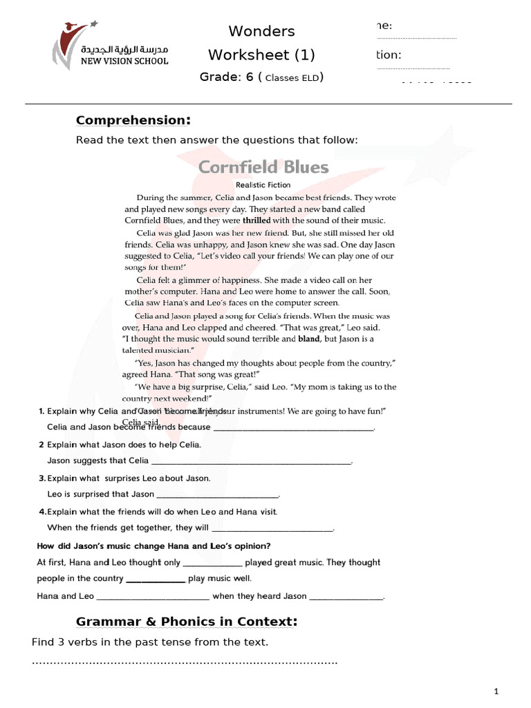 Wonders ELD Worksheet 6-1 | PDF