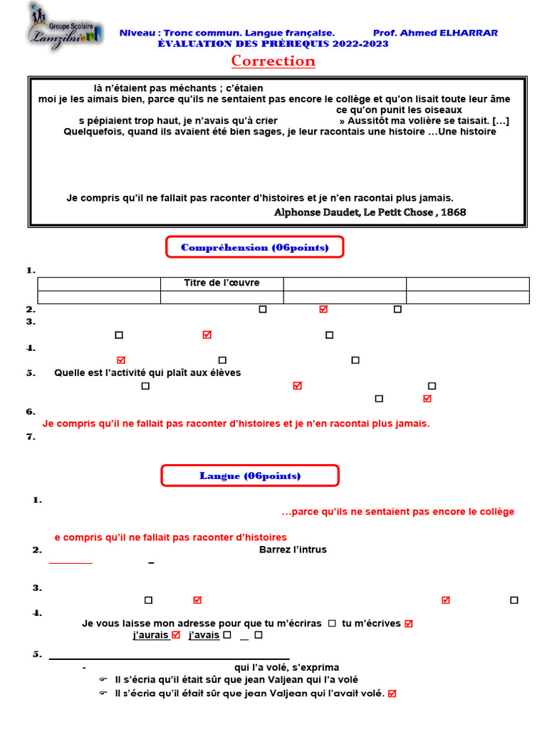 TC Evaluation Diagnostique - Adaptee - Correction | PDF