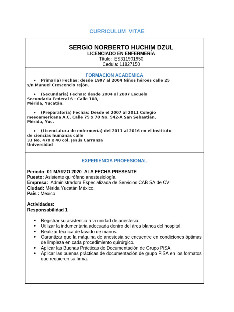 Sergio Norberto Huchim Dzul: Curriculum Vitae | PDF