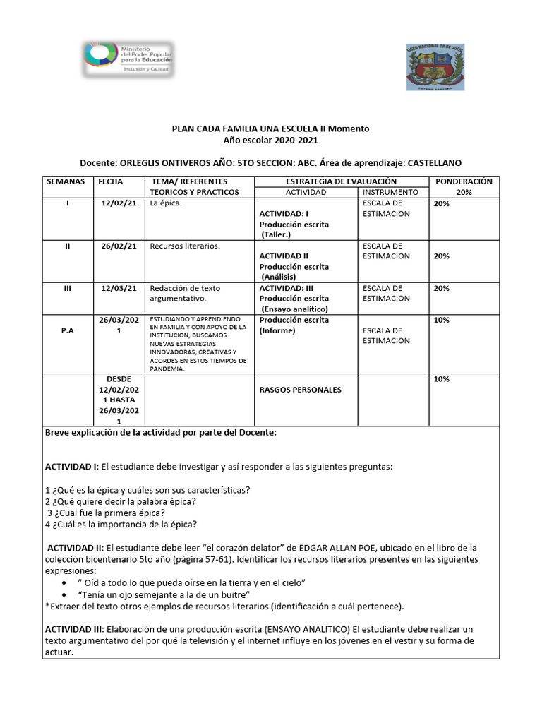 Plan de Eval 5to Año Ii Momento 2021 | PDF