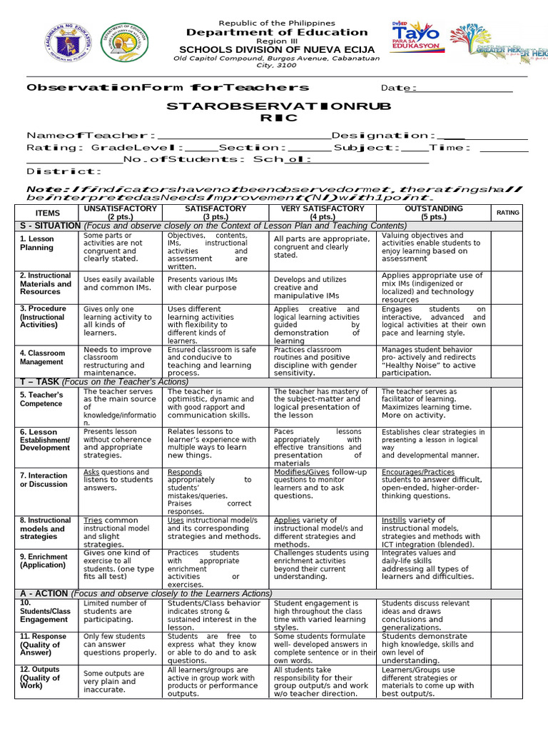 Rubric Star Observation | PDF | Educational Assessment | Learning