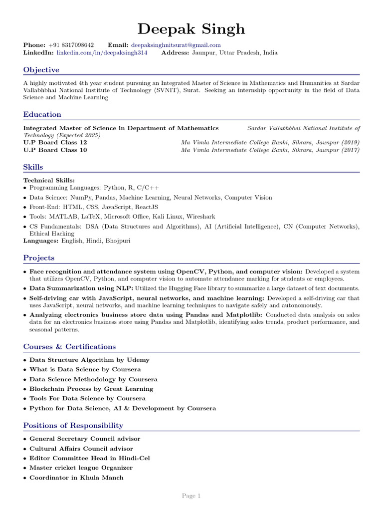 Deepak Singh: Objective | PDF