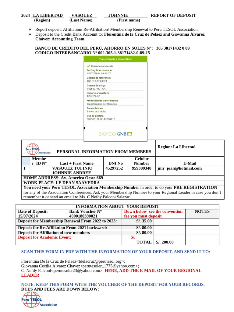 2024 FORM Report Deposit by Members To PeTESOL | PDF
