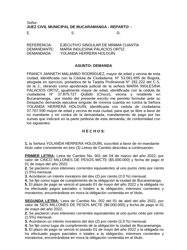 Demanda Ejecutiva Letras de Cambio | PDF