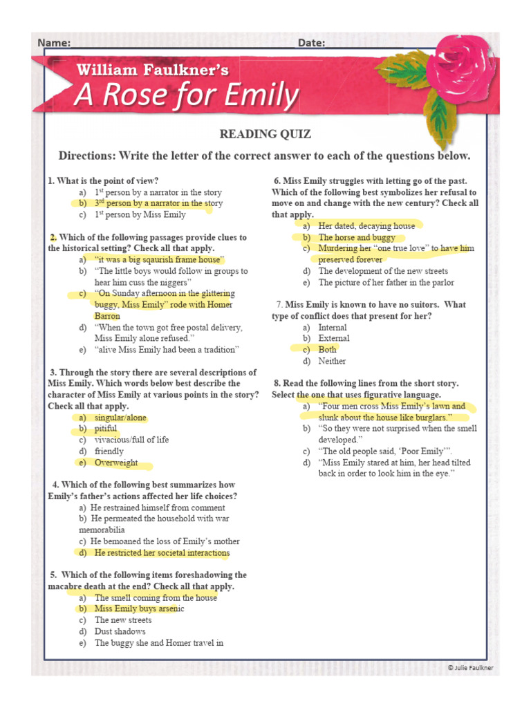 William Faulkner's A Rose For Emily Quiz | PDF