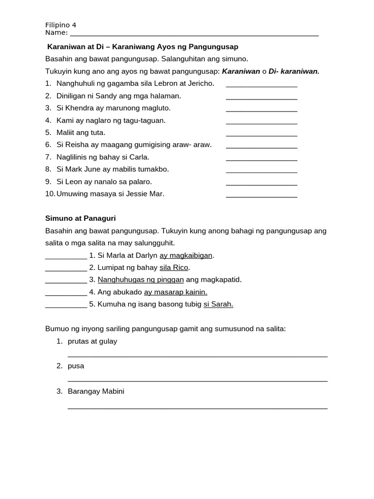 Pangungusap Worksheets | PDF