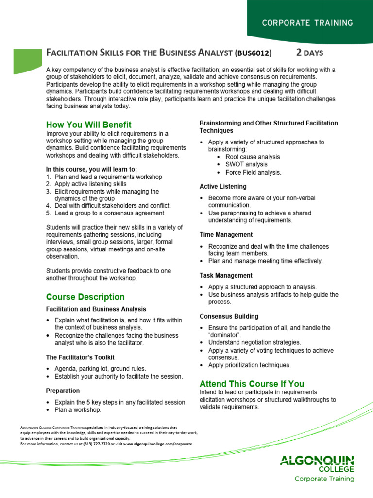 BAE3 Facilitation Skills For The Business Analyst | PDF