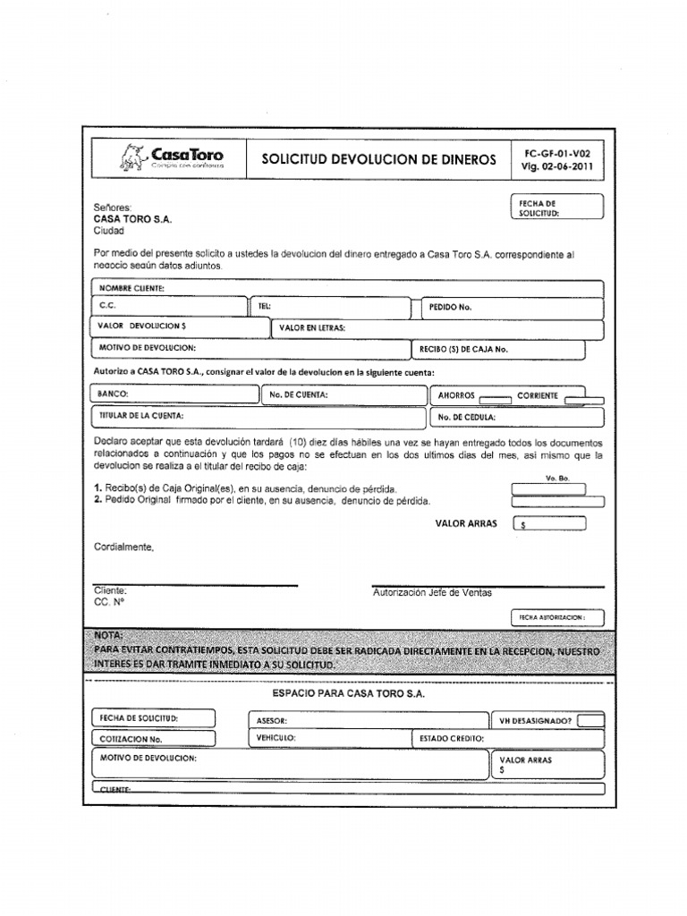 Solicitud Devolucion Cliente | PDF