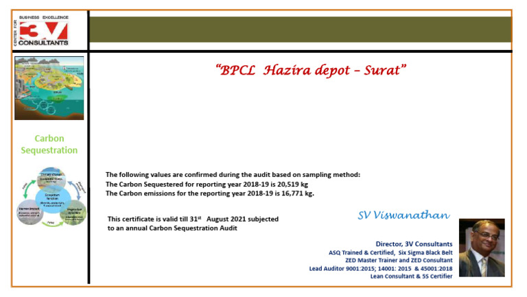 Carbon Sequestration Certificate For BPCL Hazira Surat Gujarat From 3VCo... | PDF