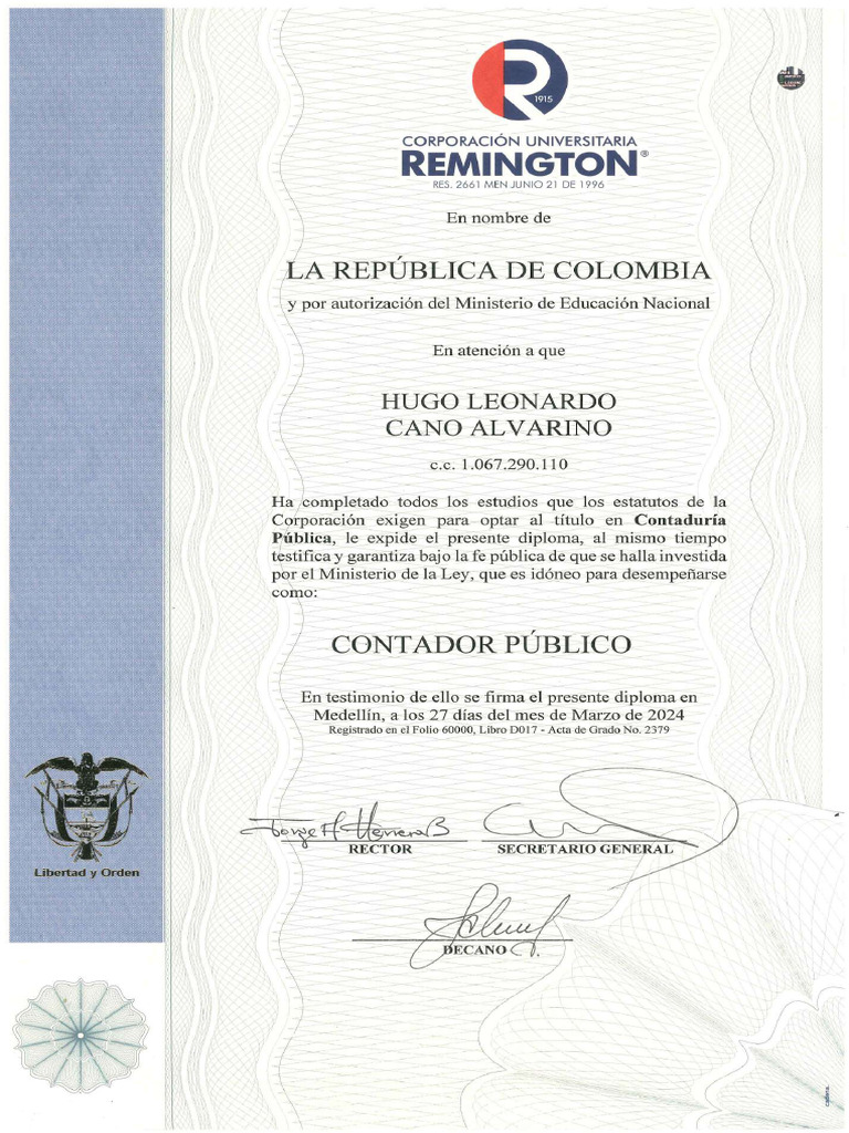 Doploma Contador Publico Hugo Cano | PDF