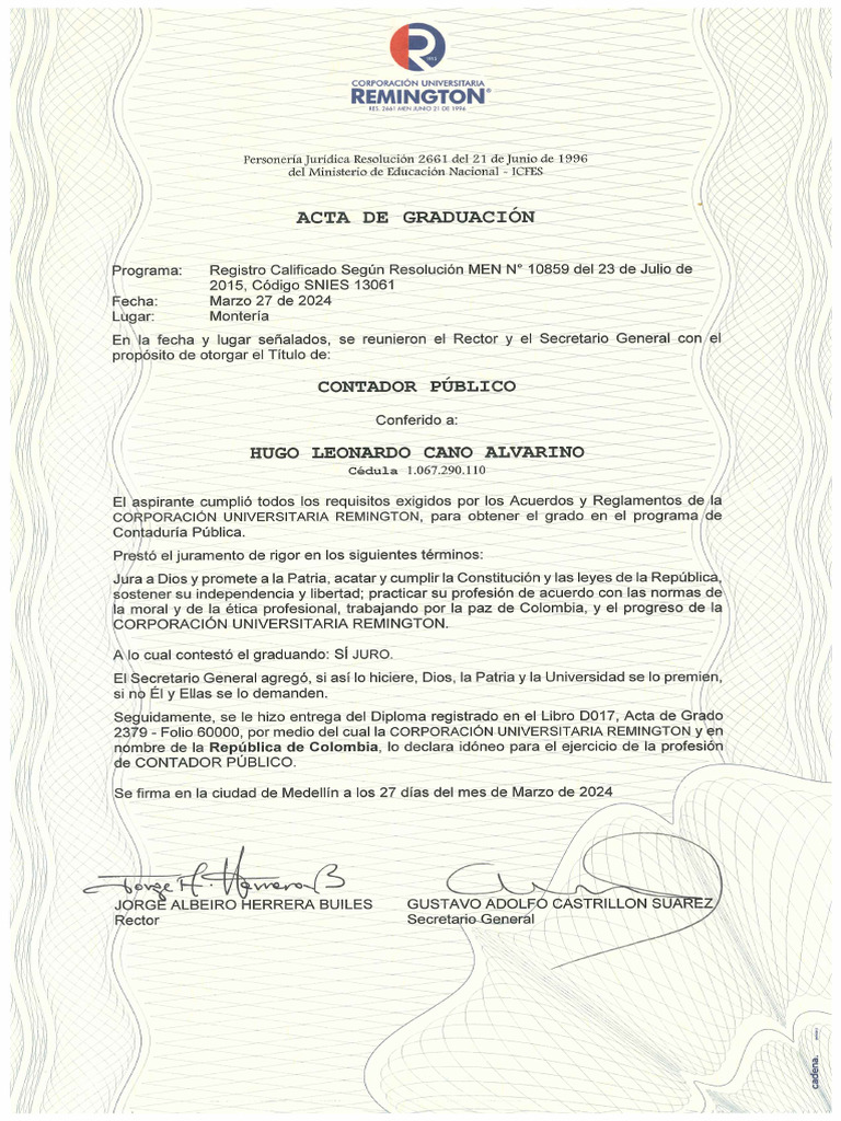 Acta de Grado Hugo Cano | PDF