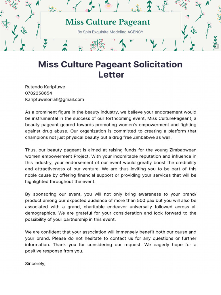 Miss Culture Pageant Beauty Pageant Solicitation Letter | PDF
