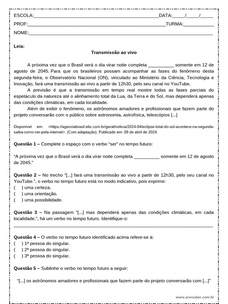 Verbos no Futuro em Eclipse Solar | PDF