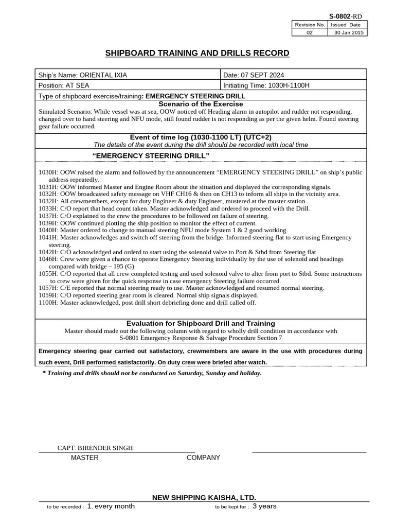 07 SEPT 2024 S-0802-RD Emergency Steering Drill (Rev.02) | PDF | Water ...