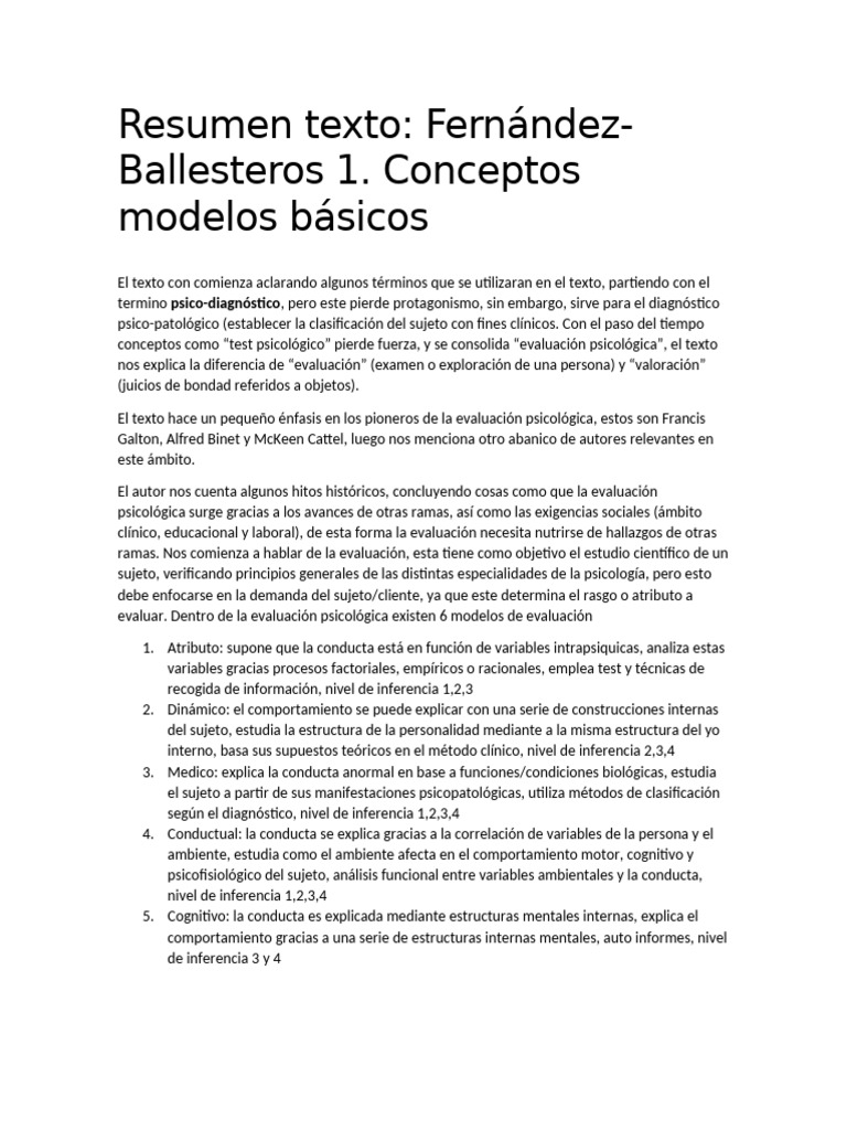 Resumen Texto Fernández-Ballesteros 1. Conceptos Modelos Básicos | PDF