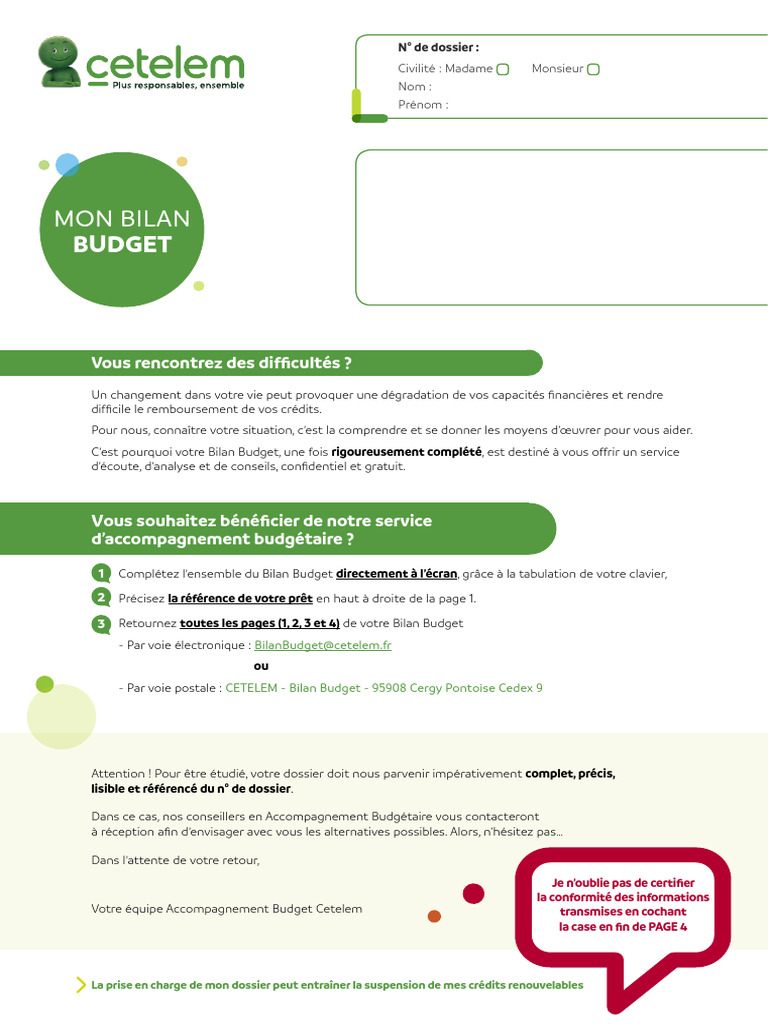 Bp20124 Lettre Budget Cetelem Auto Remplissable 2024 | PDF