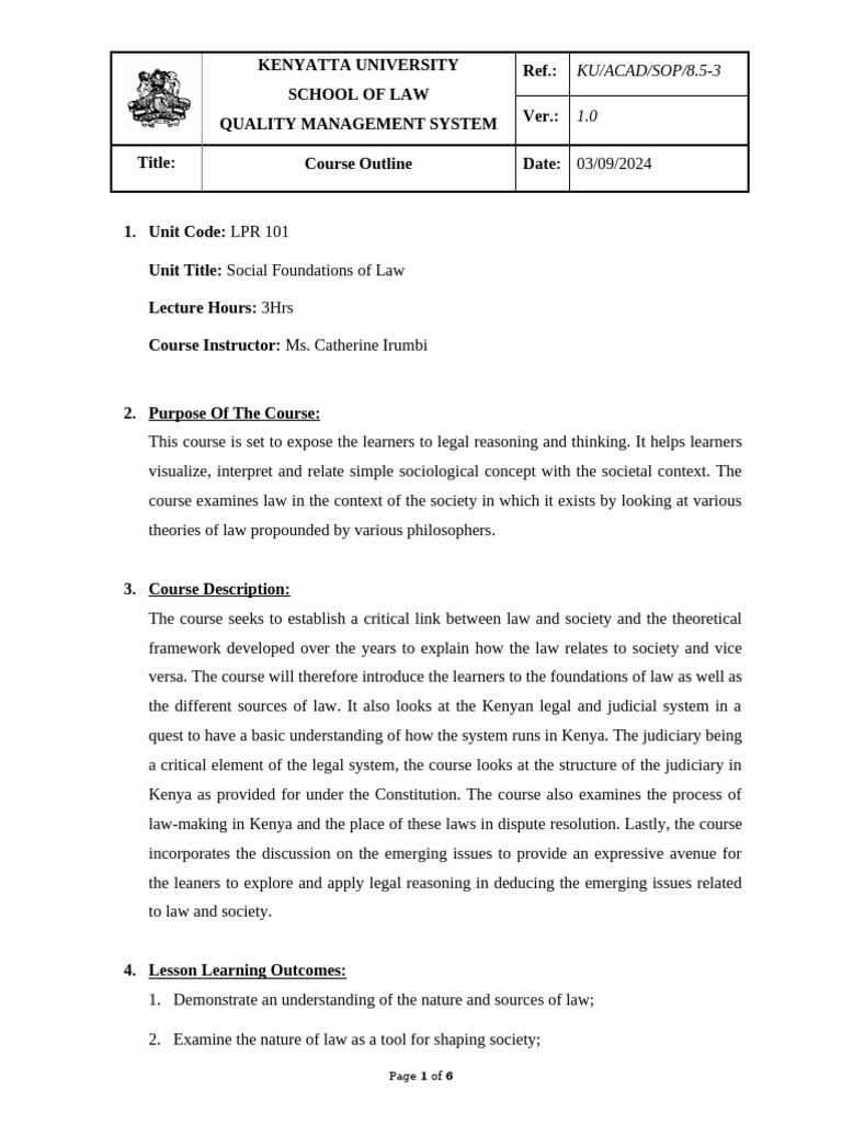 Course Outline LPR 101 Social Foundations of Law 2024 | PDF
