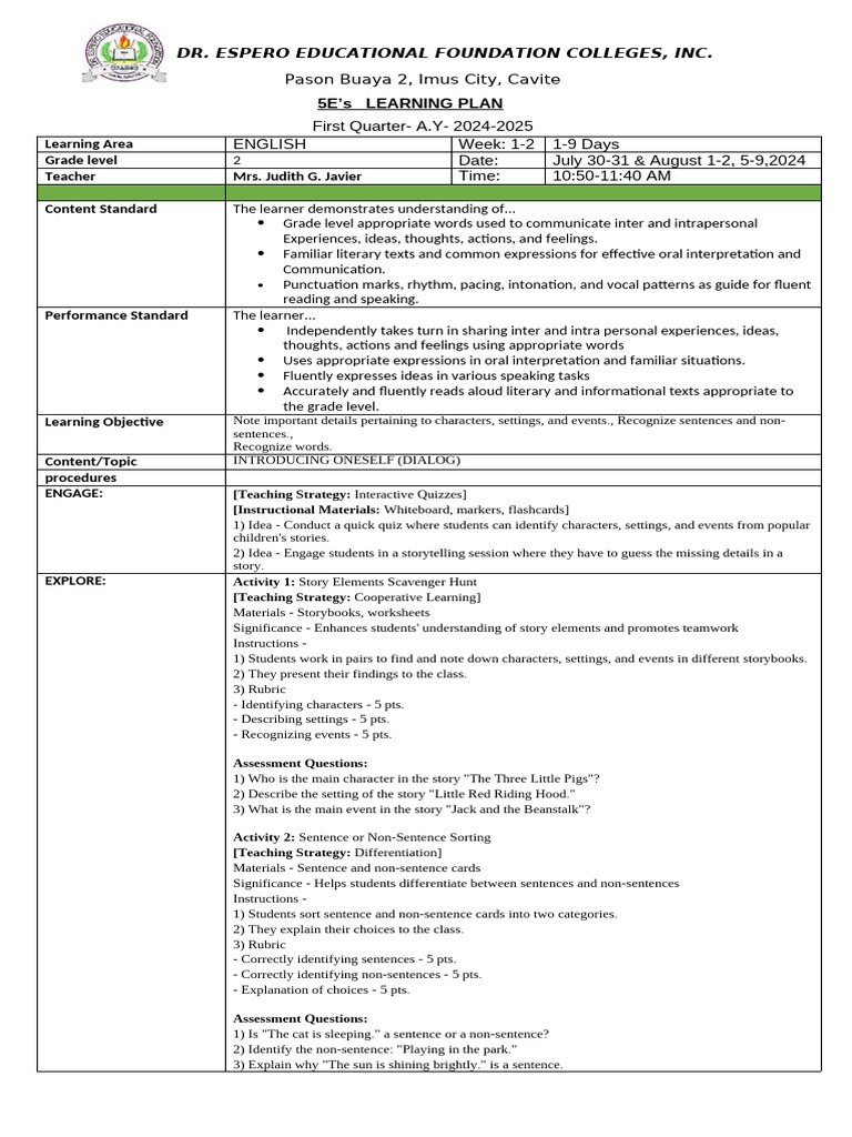 5e's LEARNING PLAN IN ENLISH 2 | PDF | Learning | Question
