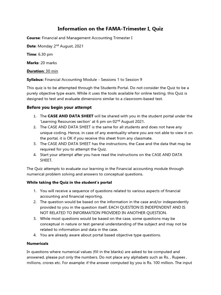 FMA Quiz - 2021 - Information | PDF