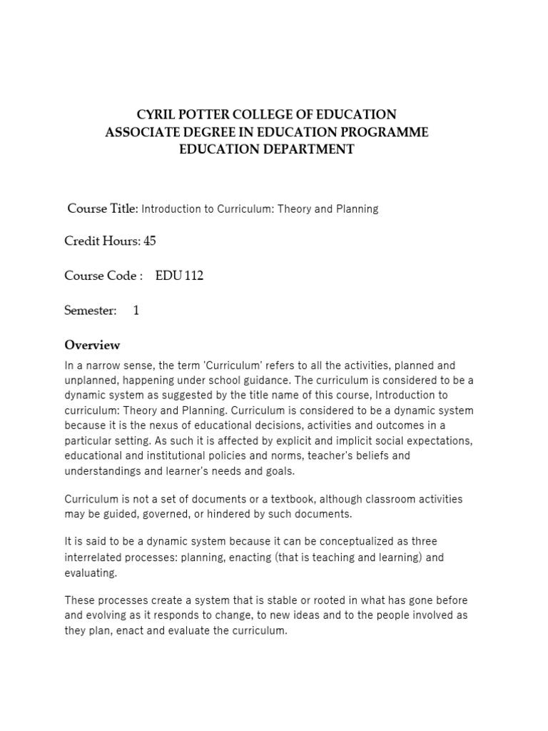 Introduction To Curriculum Course Outline | PDF